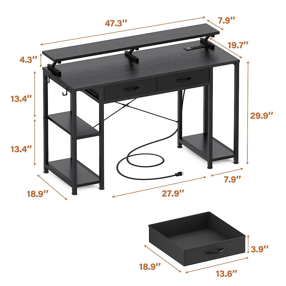 GIKPAL Computer Desk with Drawers, 47 inch Gaming Desk with Storage and Shelves, Home Office Desks with Power Strip, Black Wooden Desk