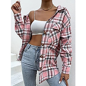 OYOANGLE Women's Plaid Long Sleeve Button Front Drop Shoulder Tunic Blouse Flannel Shirts Pink White L