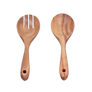 2Pcs / Set Wooden Mixing Spoon Fork with Hanging Holes, Ergonomic Design, Ideal for School Office Festival Use