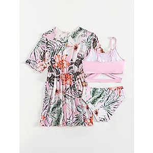 Cozyease Girls' 3 Piece Watermelon Print Drawstring Waist Swimsuit Tie Front Bikini Set Spaghetti Strap Bathing Suit Light Pink 11-12Y