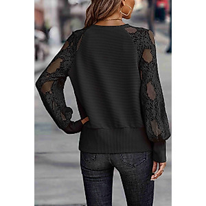 Trendy Queen Womens Long Sleeve Shirts V Neck Fall Clothing 2023 Blouses Dressy Puff Lace Casual Bobo Crochet Hollow Out Loose Work Tunic Tops Black