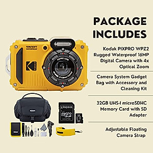 Kodak PIXPRO WPZ2 Rugged Waterproof 16MP Digital Camera with 4X Optical Zoom with Koah Nostrand Gadget Bag with Accessory Kit, 32GB UHS-I microSDHC, and Floating Strap Bundle (4 Items)