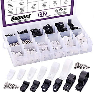 Swpeet 135 Pack 6 Sizes White+Black Nylon Plastic R-Type Cable Clips Clamp Assortment Kit, 3/16" 1/4" 3/8" 1/2" 3/4" 1" Nylon Screw Mounting Cord Fastener Clips with 135Pcs Screws for Wire Management