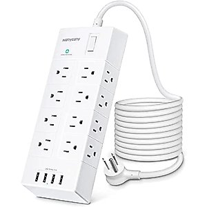 Surge Protector Power Strip 10 ft, Extension Cord with Multiple outlets, 16 Outlets Extender with 4 USB Ports, Large Power Strip with Long Cord, Wall Mountable, Flat Plug for Desktop Office Dorm Room