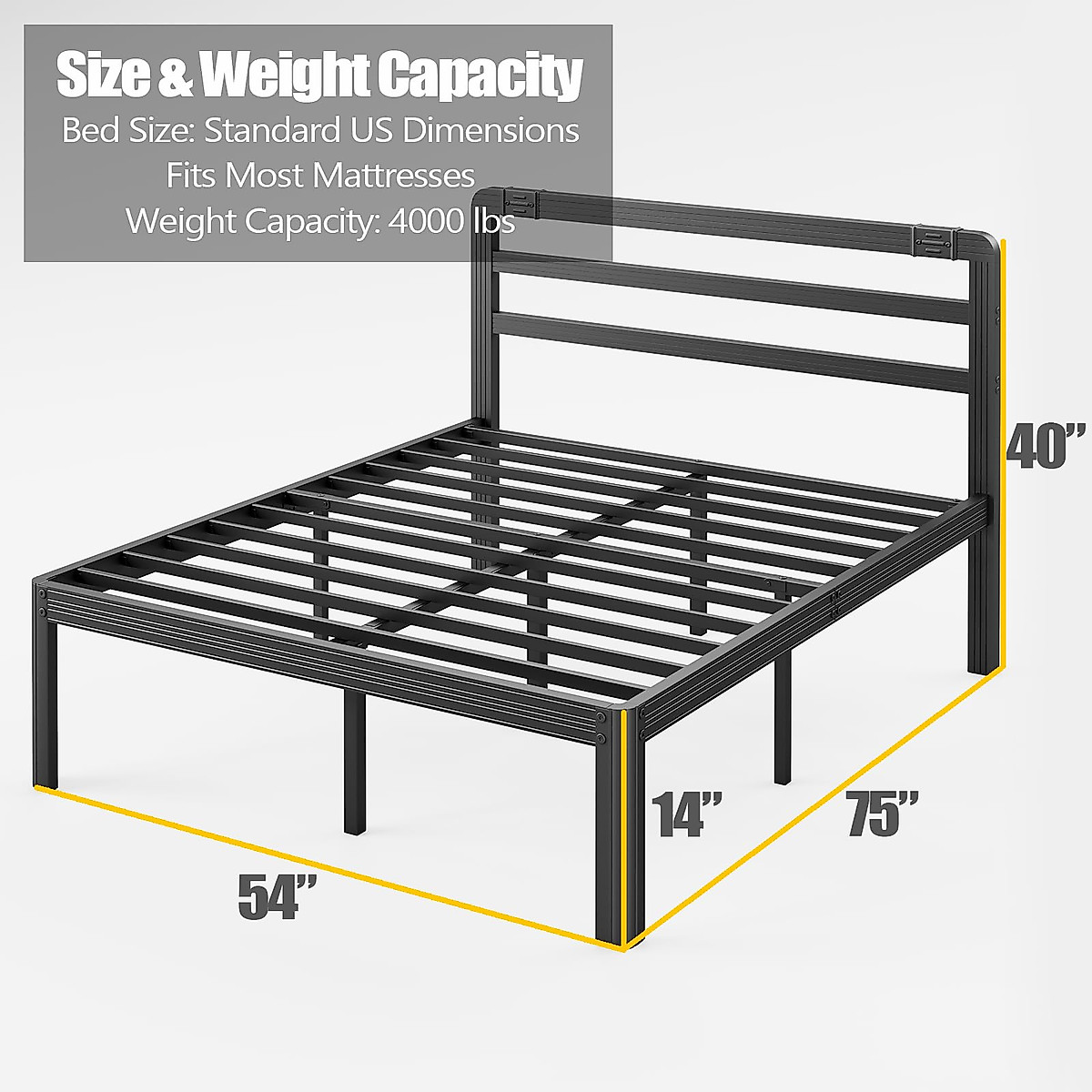 BOSRII Premium Quality Full Size Bed Frame - Reinforced Thickened Profile for Unmatched Strength and Durability - Sturdy Construction for Long-Lasting Support and Comfort——14 Inch High