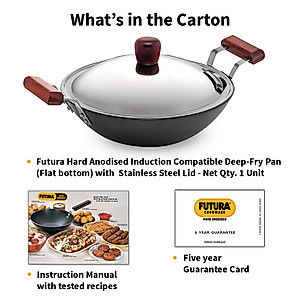 Futura Induction Compatible Hard Anodized Flat Bottom Deep Fry Pan / Kadhai with Stainless Steel Lid, 3.75 Liter