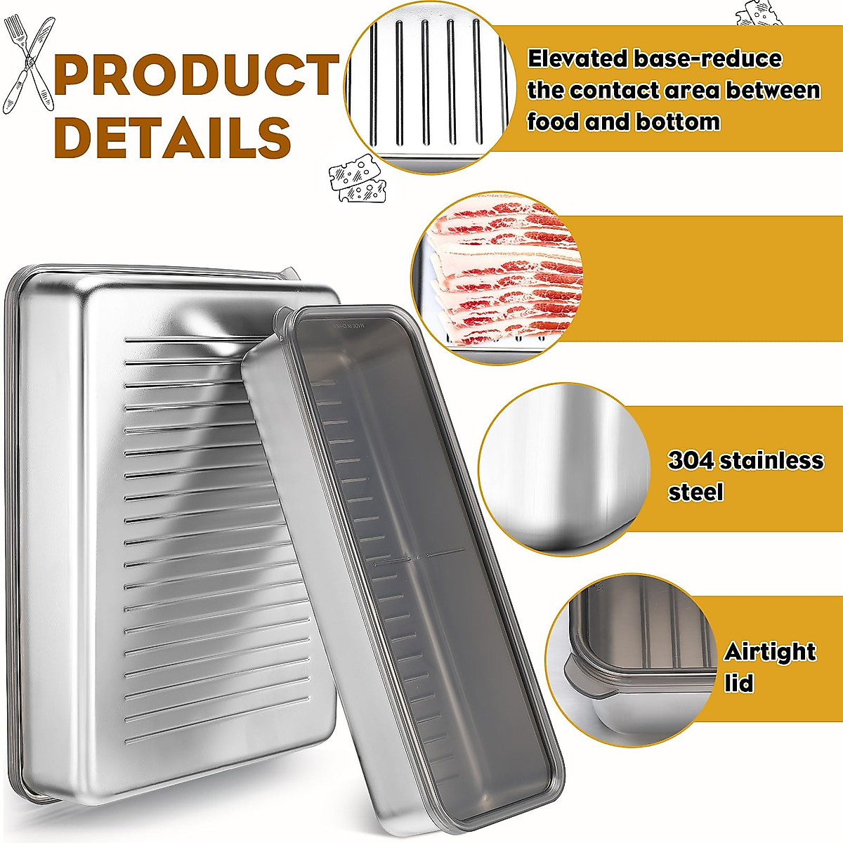 Maxcheck 6 Pcs Stainless Steel Food Containers with Lids 2 Metal Bacon Container for Refrigerator 2 Cheese Deli Meat Steamer Airtight Bacon Keeper 2 Food Clips for Freezer Buffet Kitchen