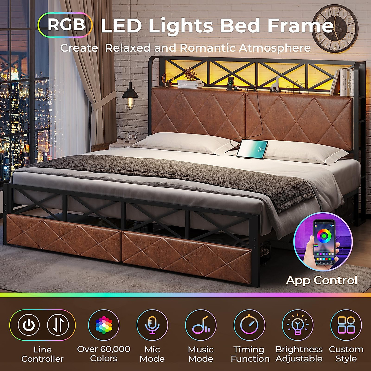 DICTAC King LED Bed Frame with Hidden Storage Headboard, Brown Leather Upholstered Bed Frame with 2 Drawers, Metal Platform King Led Headboard with Charging Station