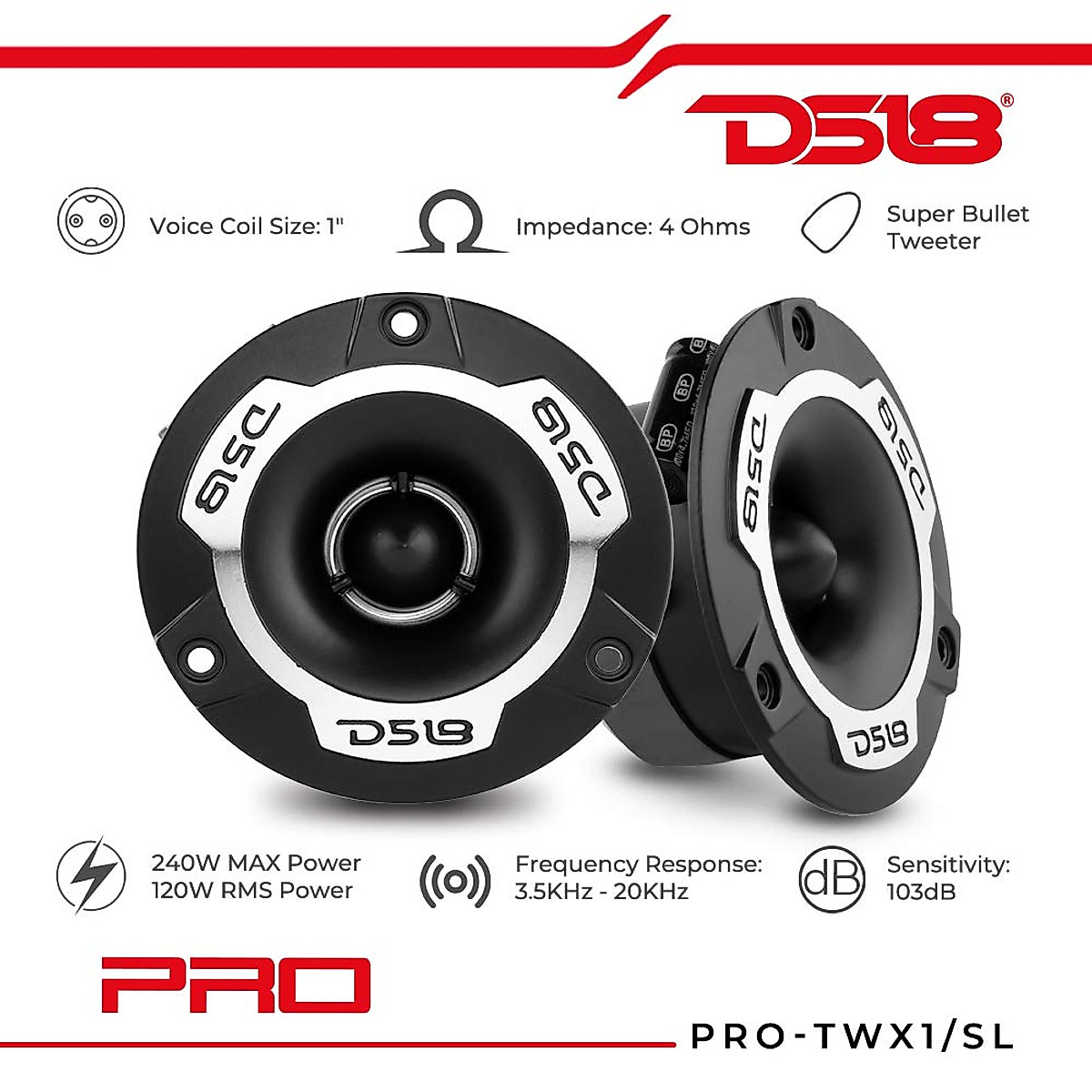 DS18 PRO-TWX1 Super Tweeter in Silver - 1", Aluminum Frame and Diaphragm, 240W Max, 4 Ohms, Built in Crossover - PRO Tweeters are The Best in The Pro Audio and Voceteo Market (Pair) - Silver (Renewed)