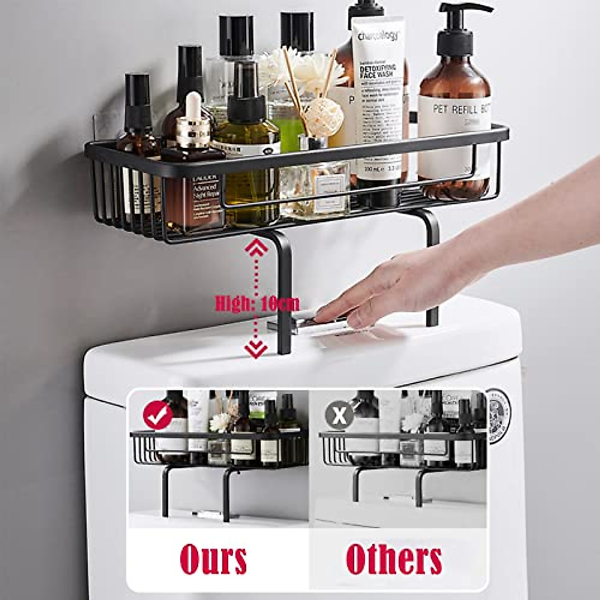 24HOCL Bathroom Organizer Over The Toilet Storage Shelf, Storage Organizer Shelves for Organizing Paper Towels shampoos, No Drilling Space Saver with Wall Mounting Design Adhesive Base, Black