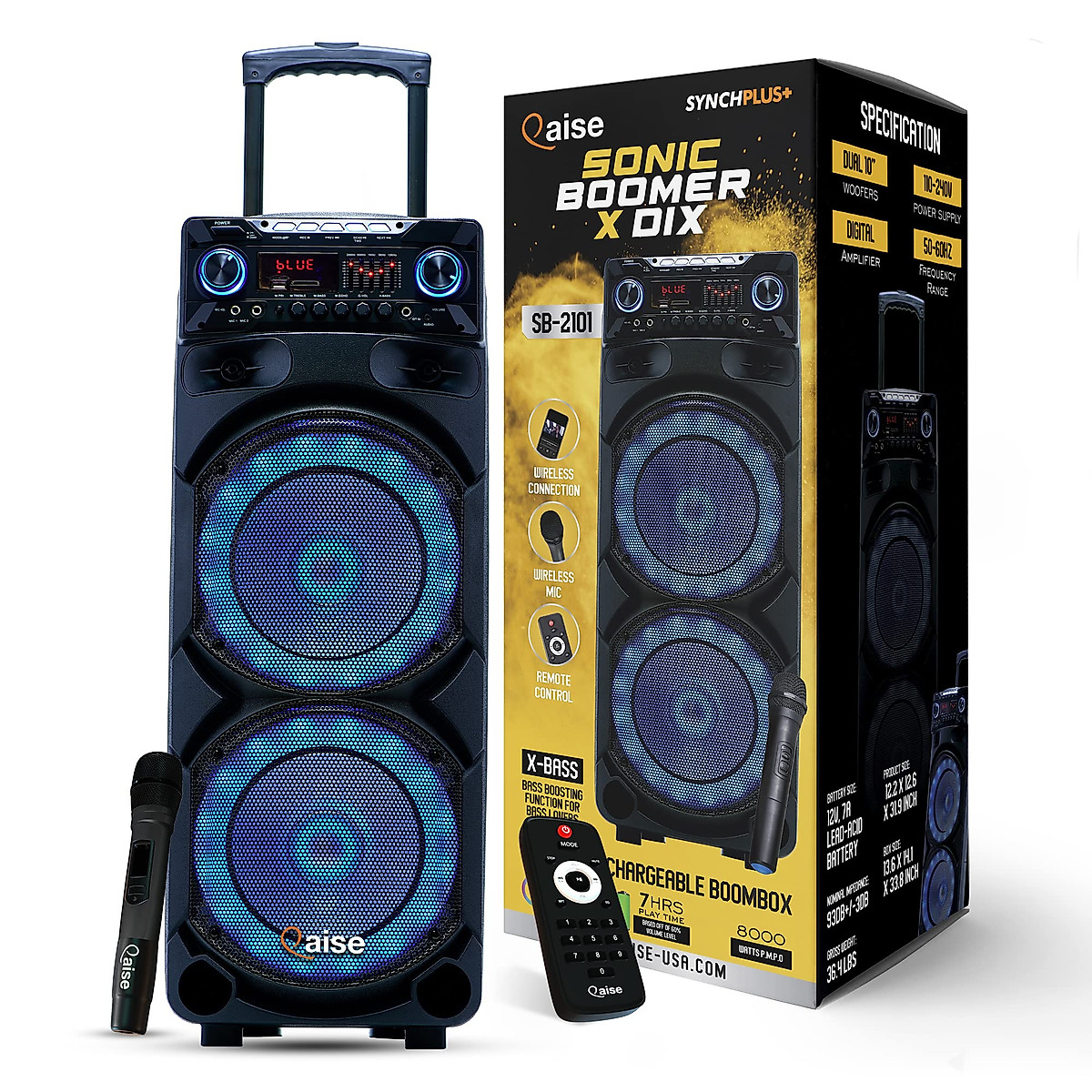 QAISE Portable PA System with Wireless Mic - Bluetooth Party Boombox Speaker & Karaoke Machine with Lights, Dual 10” Subwoofer, X-Bass & 8000 Watts Peak Power - SonicBoomer X-Dix