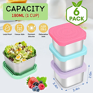 6PACK 6OZ Stainless Steel Snack Containers, Leak Proof 304 Stainless Steel Sauce Food Lunch Box Storage Containers with Silicone Lids Stackable Reusable Small Metal Lunch Bento Boxes Set, Easy Open