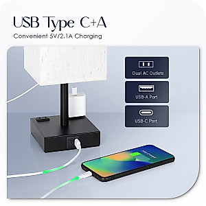 Touch Control Table Lamps Set of 2 - Nightstand Lamp for Bedroom with USB C+A Charging Ports & AC Outlets, 3-Way Dimmable Bedside Lamp Grey Fabric Shade for Bedroom Living Room, Office(Bulb Included)