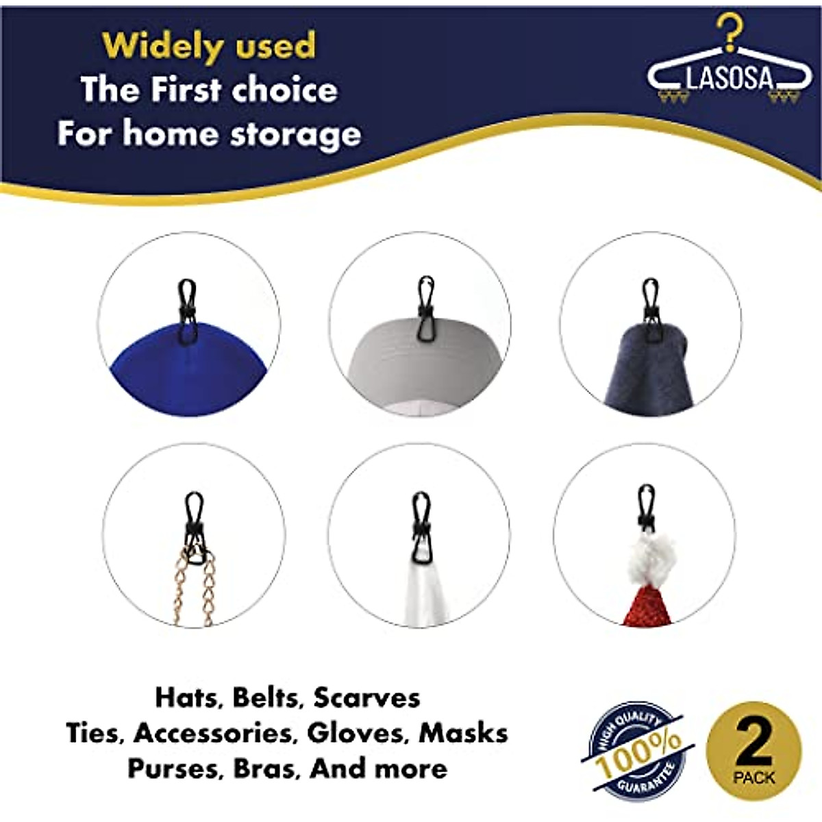 LASOSA Hat Organizer for Closet, Set of 2 - Space-Saving Cap Rack for Baseball Hats, Beanies, Scarves and More - Portable, Adjustable and Easy to Install - Premium Quality, Durable Design (Black)