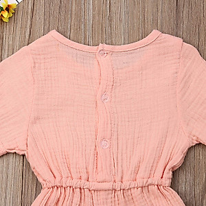 Mubineo Toddler Baby Girl Summer Fall Basic Plain Short Sleeve Cotton Linen Drawstring Romper Jumpsuit (Peach Pink, 2-3T)