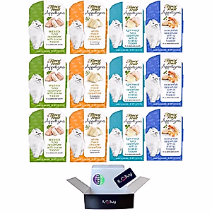 Purina Purely Fancy Feast Appetizers Cat Treats Flavor Variety Sampler Bundle of 12 Containers, (1.1 Ounces Each) with a Bundle a Plastic Noisy Cat Toy Ball and WMB's Sticker.