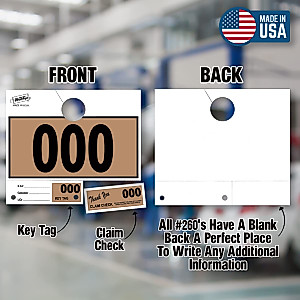 3000 Automotive 3 Part Service Dispatch Numbers Mirror Hang Tags Numbered 000, 1000, 2000 RL78 Style Color Coded Tan Service Dispatch Numbers with 1.25” Slotted Hang Tag Cutout