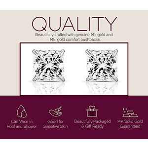 14k White Gold Solitaire Square Princess-cut CZ Stud Earrings with Comfort Screw-backs (3mm)