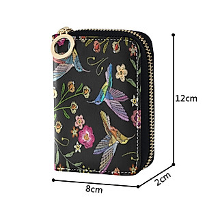 MOYYO RFID Credit Card Holder Case Beautiful Hummingbirds Exotic Flowers Leather Printed Zipper Card Case Wallet for Women Girls