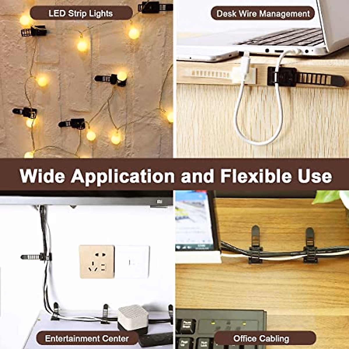 Cable Clips, 60 pcs Self Adhesive Cable Management Clips, Wire Clips with Strong Adhesive Tapes, Wire Organizer for Cable, Under Desk, Home, Office