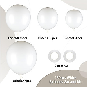 130pcs White Balloons Garlands Kit, 18" 12" 10" 5" Different Sizes Pack White Latex Balloon Arch for Birthday Graduation Wedding Anniversary Party Decorations(With 2 Ribbons)