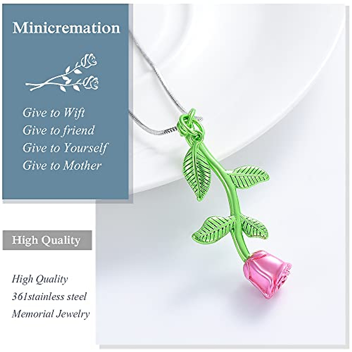Rose Flower Cremation Jewelry Urn Necklaces for Ashes, Cremation Ash Jewelry Memorial Pendants for Human Pets Ashes(Green-Pink)