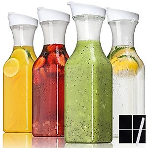 Tomnk 4 Pack 50 Oz Plastic Water Carafe with Flip Top Lid, Square Base Heavy Duty Water Containers, Mimosa Bar Supplies Beverage Pitcher for Water, Tea, Juice, Milk, Lemonade and Other Beverages