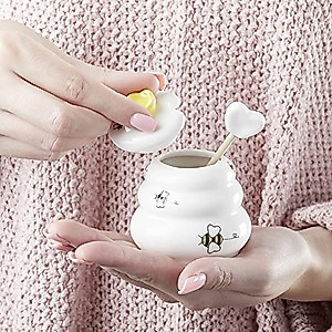 Kate Aspen Sweet as Can Bee Ceramic Mini Honey Pot with Wooden Honey Dipper (3.4 oz) Honey Jar, Bee Decor, White/Yellow (23261WT)