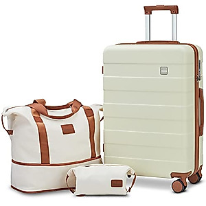 imiomo 24 IN Checked Luggage, Suitcase with Spinner Wheels, Hardside 3PCS Set Lightweight Rolling Travel Luggage with TSA Lock(24"/Beige)