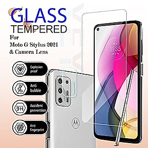 Moto G Stylus 2021 Screen Protector + Camera Lens Protectors by YEYEBF, [2 Pack] Tempered Glass Screen Protector [Bubble-Free][Case-Friendly] Screen Protector Glass for Moto G Stylus 2021