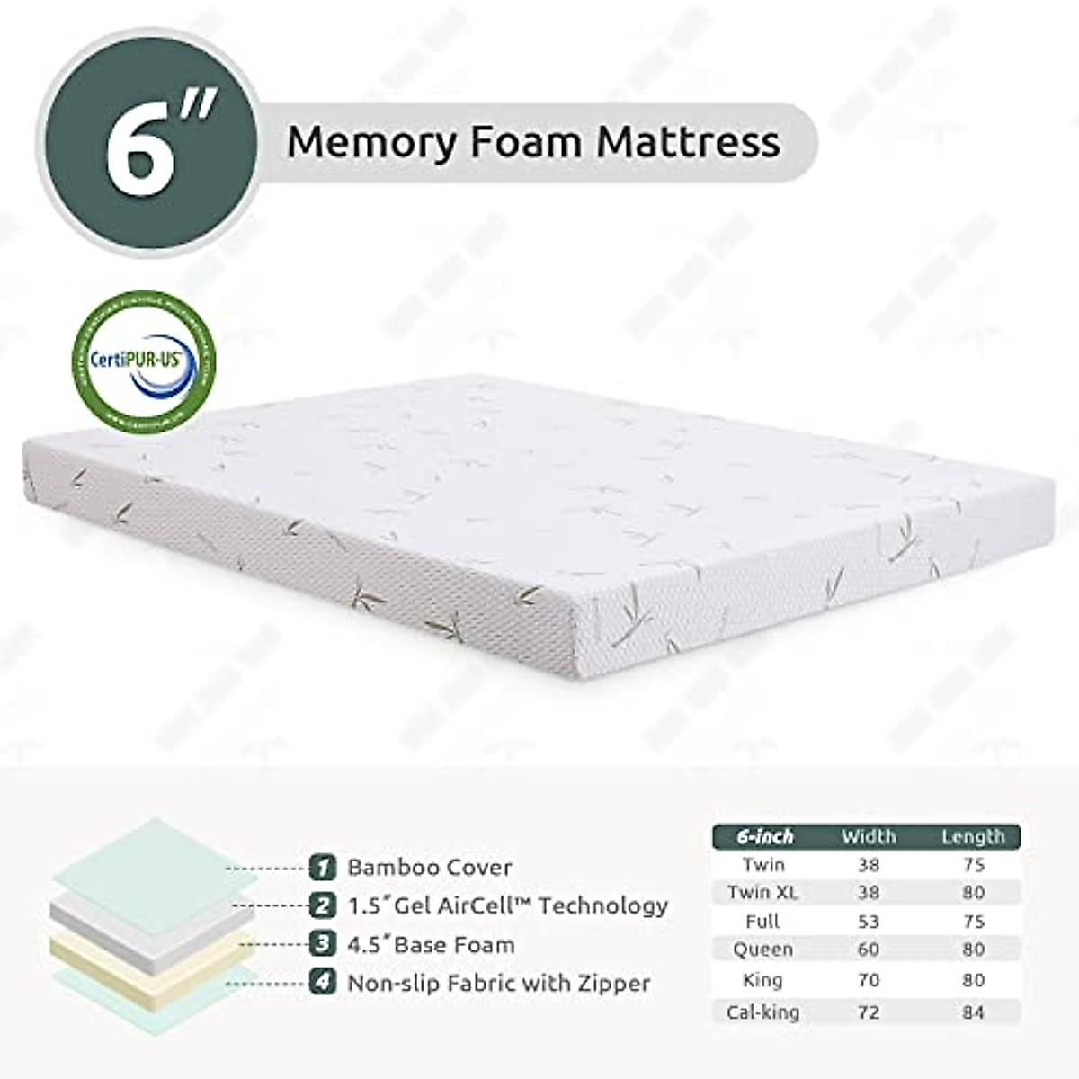 IULULU 6 Inch Memory Foam Mattress Medium-Firm Feel with Bamboo Cover, Breathable Bed Mattresses with CertiPUR-US Certified, Queen