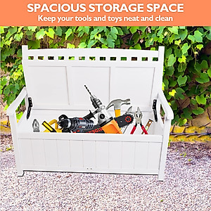 LUCKYERMORE Outdoor Storage Bench, Wooden Deck Box Bench with Back, Patio Furniture with 2-Seat Container Perfect for Garden Tools & Pool Toys, Deck Storage Bench for Backyard/Patio, 450lbs