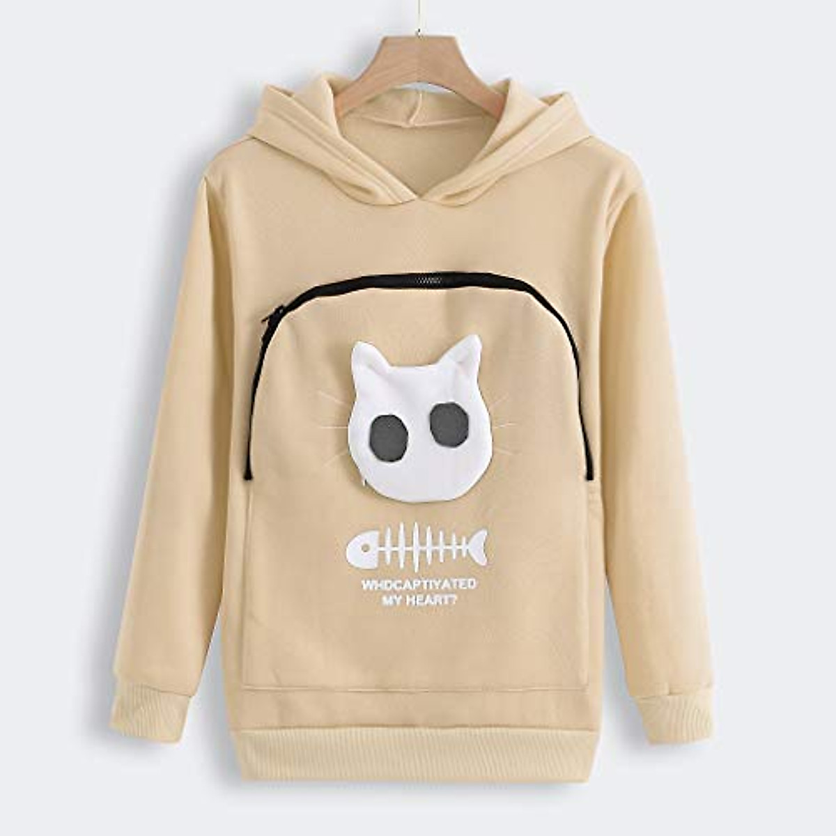 Women's Solid Lightweight Hoodies for Women Whdcaptiyated My Heart Cat Pouch Pet Carrier Sweatshirt Zipper Aesthetic Beige