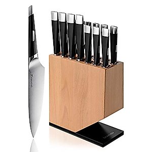 Linoroso Knife Set, 13-Piece Kitchen Knife Set with Block Sharp Chef Knife Set, German High Carbon Stainless Steel Knife Block Set with Beech Block with Black Oxide Stainless Steel Base