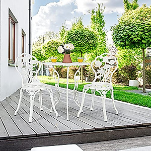 Giantex 3 Piece Bistro Set, Cast Aluminum Porch Furniture, Outdoor Patio Dining Table and Chairs with Umbrella Hole for Balcony Backyard Garden Poolside (White Rose Pattern)