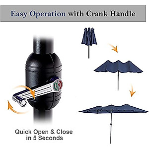 PHI VILLA 8 pcs Outdoor Dining Set with 13ft Double-Sided Market Umbrella(Blue), Rectangle Wood-Like Metal Table and 6 Spring Dining Chairs,Slightly Rocking for Garden, Lawn,Yard