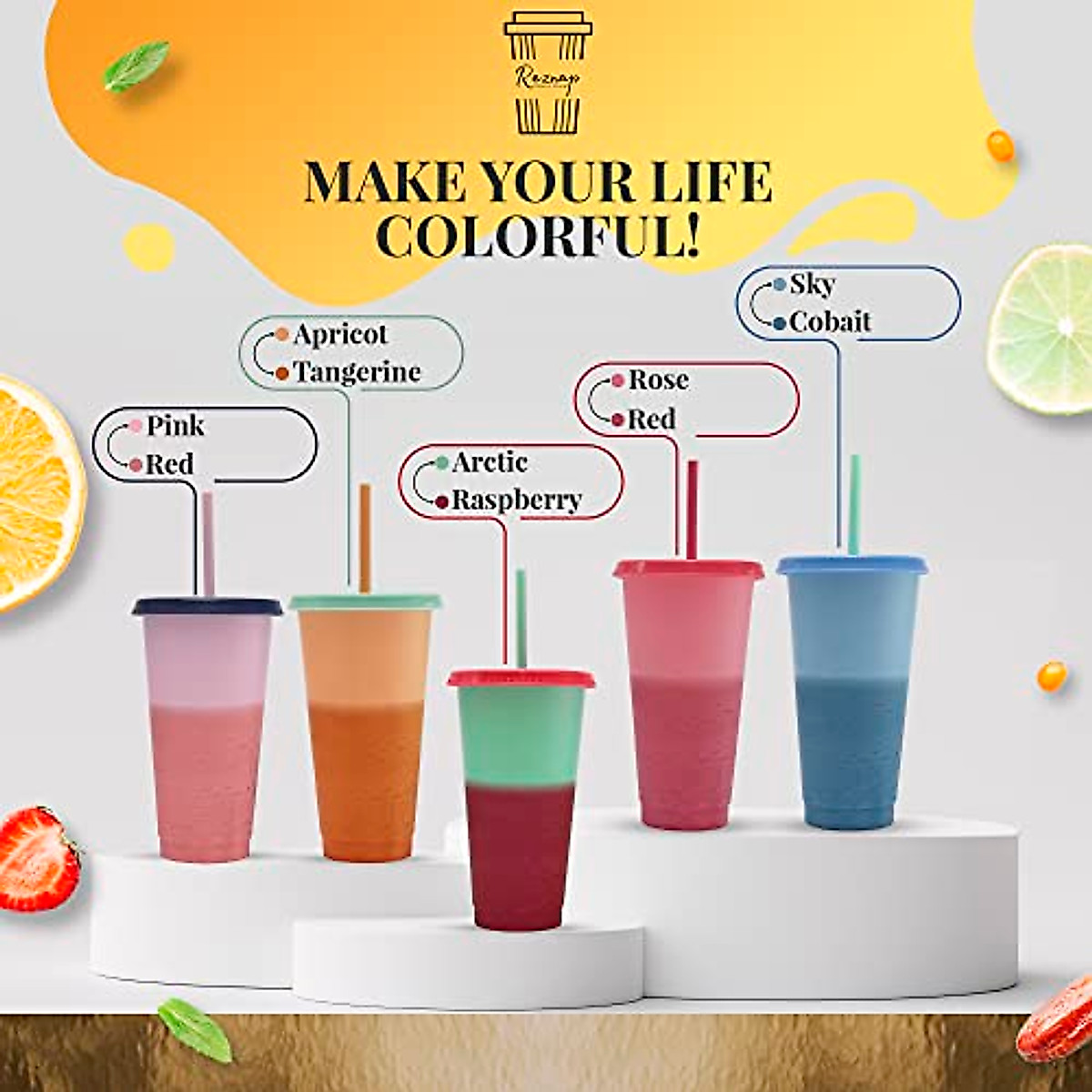 Reznap - Color Changing Cups - 5x Cups & Straws - 24 oz - BPA Free - Reusable Tumblers with Lids and Straws - Easy to Take Anywhere - Summer Party Cups - For Kids and Adults