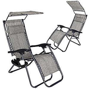 Super Decor Set of 2 Zero Gravity Outdoor Lounge Chairs w/Sunshade + Cup Holder with Mobile Device Slot Adjustable Folding Patio Reclining Chairs W/Canopy+ Snack Tray (Grey)