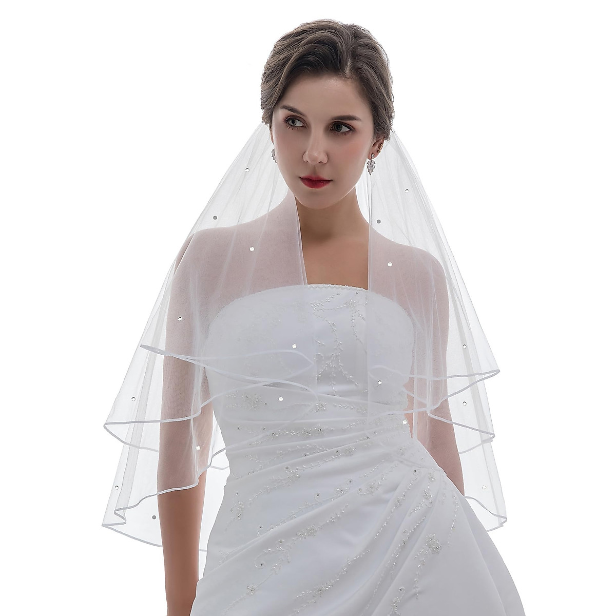 SAMKY 2T 2 Tier 1/8" Ribbon Crystal Circular Veil - White Fingertip Length 36" V518