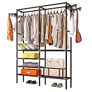 Sasoiky Garment Rack,Shoe Clothing Organizer Shelves,Freestanding Multifunctional Clothes Wardrobe- Closet with Hooks (Black)