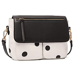 Polka Dots Small Crossbody Bags for Women, Zipper-deco Flapover Cross body Bag with 8 Compartments, Stylish Shoulder Purse, Saddle Handbags with Adjustable Strap,Christmas Gift,Leather+Canvas Black