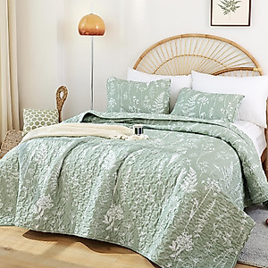 JANZAA Quilts Queen Size Sage Green Quilt Botanical with Floral Pattern Microfiber Bedspreads Queen Size 3 Pieces Lightweight Comforter Reversible Bedding Set with 2 Pillow Cases