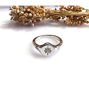 Sterling Silver Signet Ring, Cz Ring, North Star Ring, Polaris Ring, Unique Silver Ring, Star Signet Ring, Starburst Ring, Celestial Ring (White, 5)
