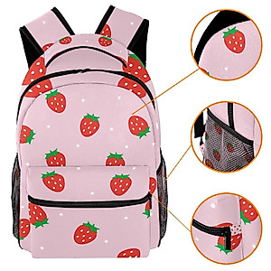 JAVENPROEQT School Backpack For Girls Boys, Kawaii Strawberry Pink Patterns Casual Bookbag With Water Bottle Pocket