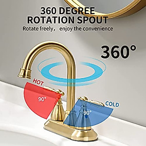 Brushed Gold Bathroom Faucet with Pop-up Drain Assembly, 2 Handles Centerset Bathroom Sink Faucet 4 Inch with 360° Swivel Spout, Stainless Steel Faucet for Bathroom Sink with Water Supply Lines