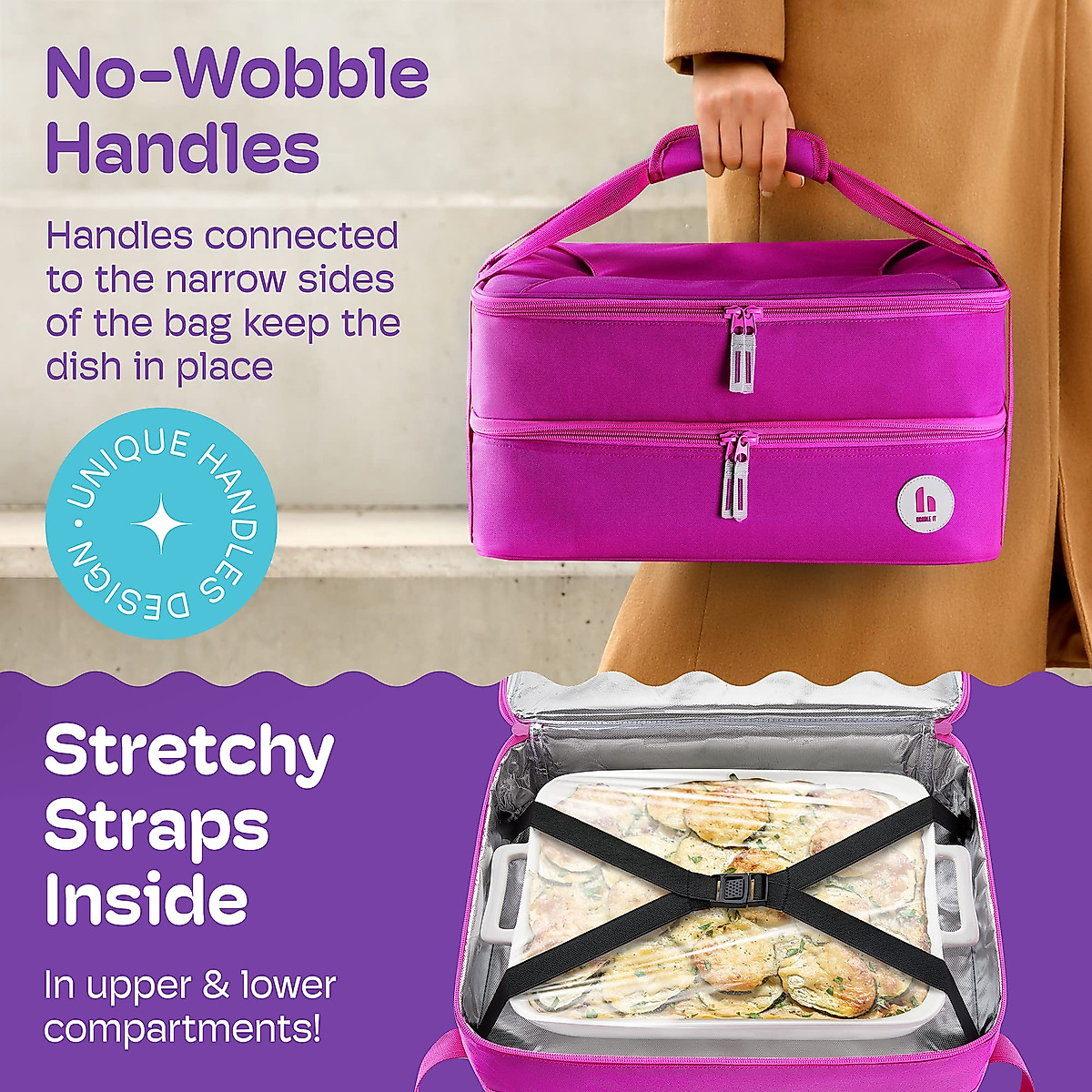 HANDLE IT Casserole Carriers for Hot or Cold Food – Expandable & Insulated Food Carrier with Anti-Wobble Handles & External Pockets – Casserole Carrying Cases, 16.1 x 11.8 x 7.9 In., Blue