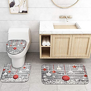 Ikfashoni 4 Pcs Christmas Shower Curtains Set with Non-Slip Rugs, Toilet Lid Cover and Bath Mat, Grey Vintage Wooden Shower Curtain with 12 Hooks, Xmas Snowflake Shower Curtain for Bathroom