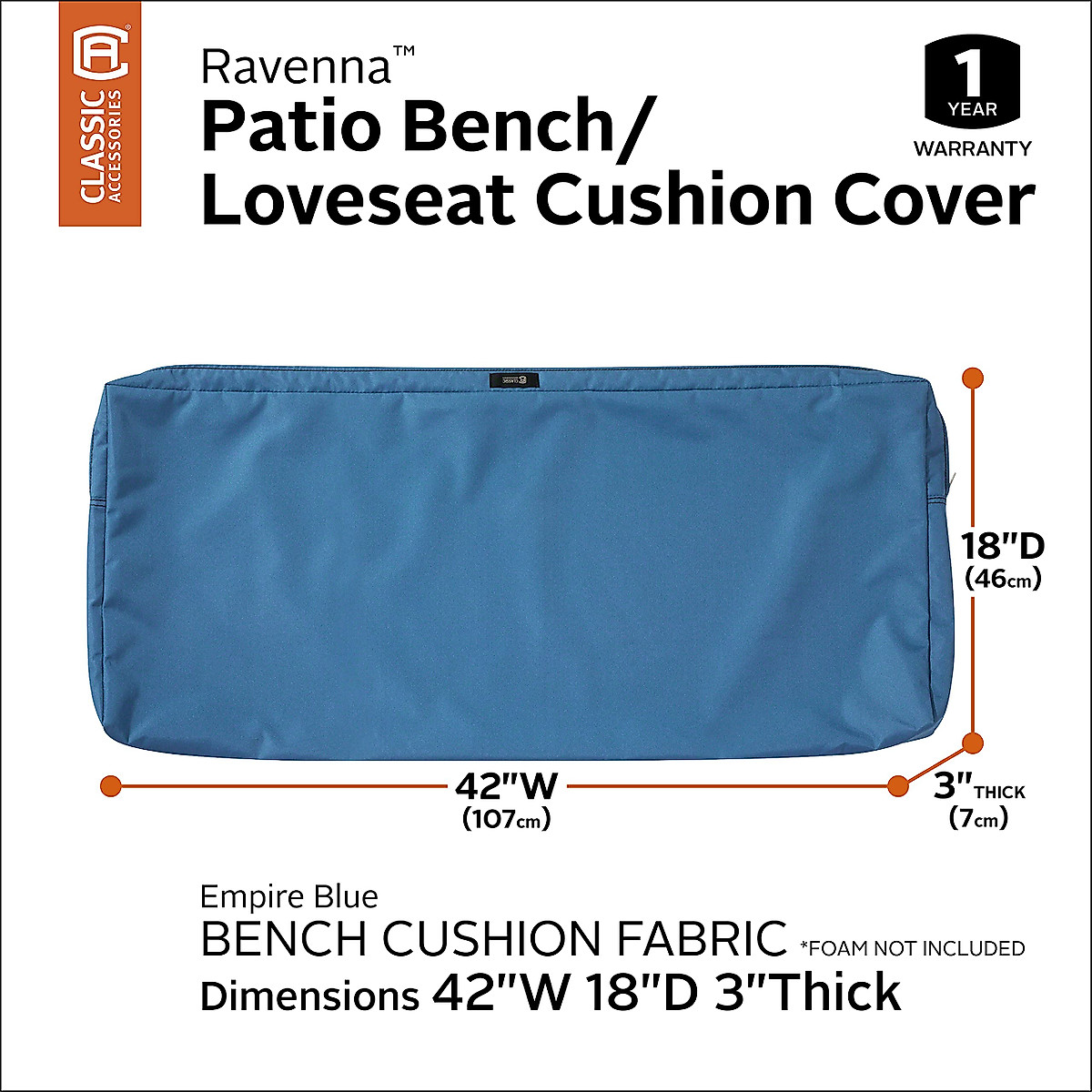 Classic Accessories Ravenna Water-Resistant 42 x 18 x 3 Inch Outdoor Bench/Settee Cushion Slip Cover, Patio Furniture Swing Cushion Cover, Empire Blue, Patio Furniture Cushion Covers