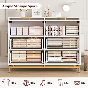 HITHOS White Dresser, 6 Drawer Double Tall Dresser for Bedroom with Fluted Glass Door, Wide Wood Chest of Drawers, Modern Gold Storage Dresser with Sturdy Metal Base for Living Room, Entrway, Hallway