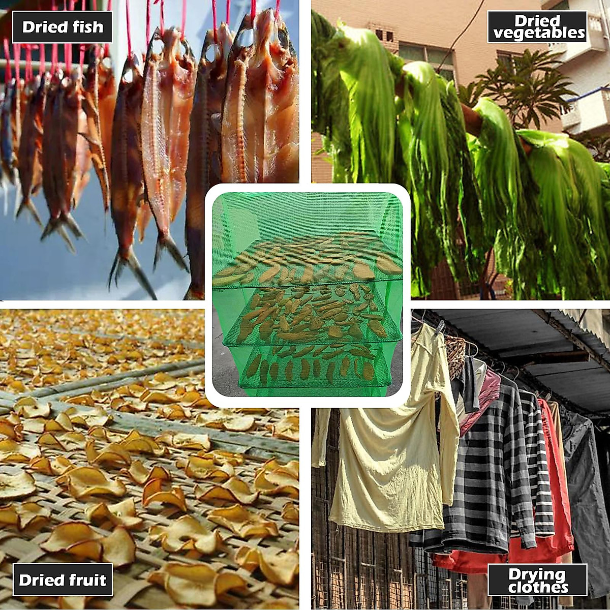 WEISGJA Hanging Drying Rack 4 Layers Foldable Nylon Netting, Folding Fish Mesh, Drying Fish Net for Shrimp Fish Fruit Vegetables Herb, with Zipper Opening, Green (22.4X15.7X25.5 in/Large)